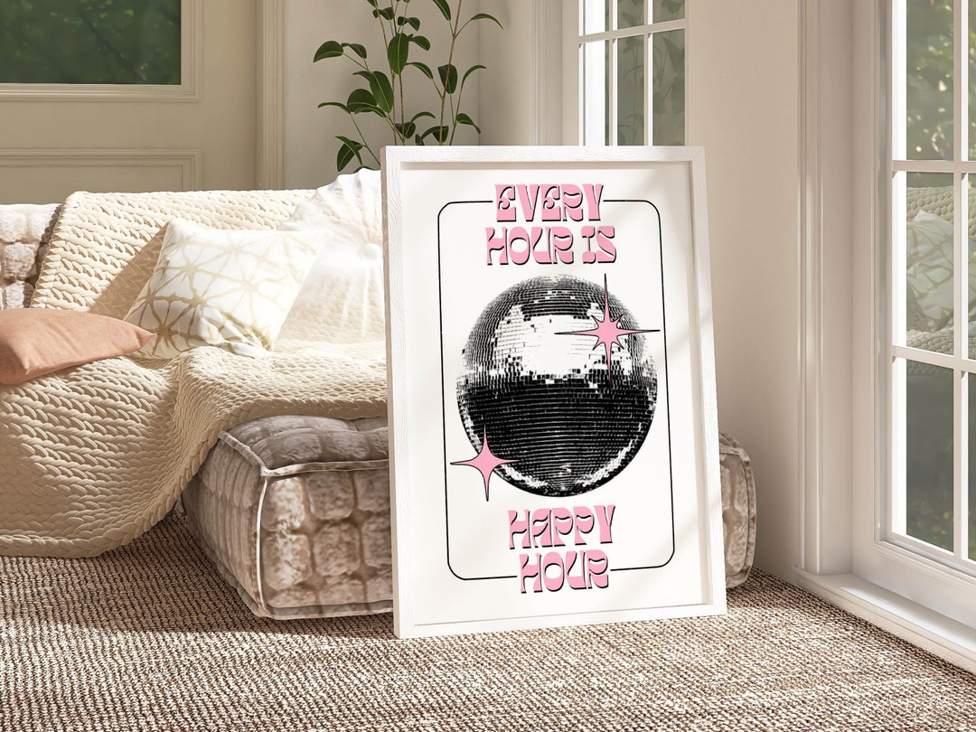 Happy Hour Bar Cart Sign Disco Art Print Funky Decor, Preppy Wall Art ...