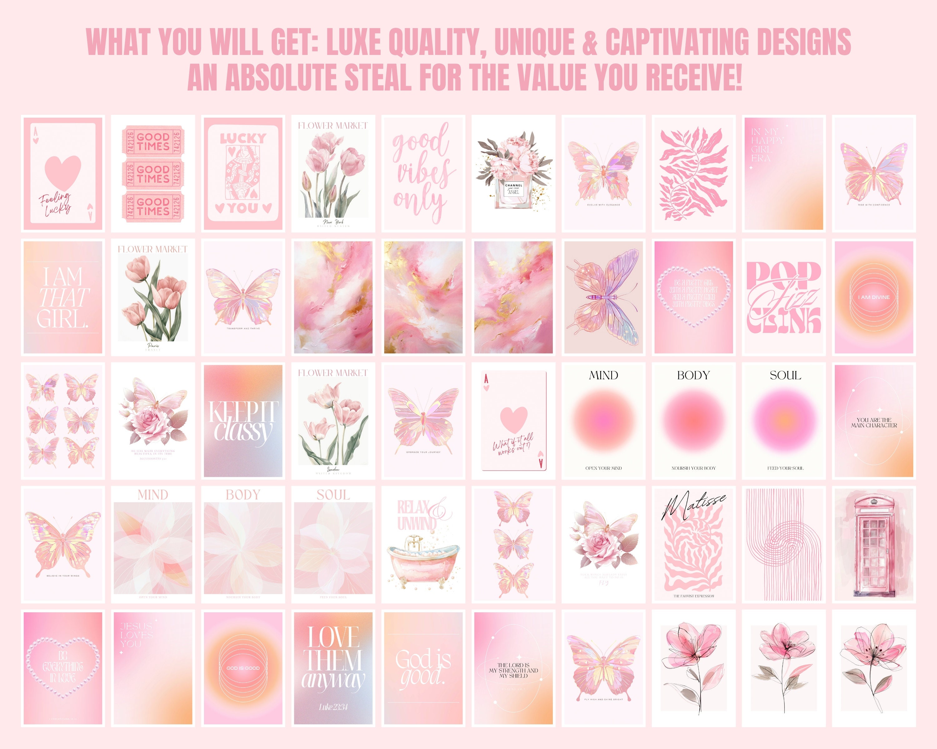 Pink Gallery Wall Set of 150 Girly Wall Art Trendy Prints, Pink Posters ...