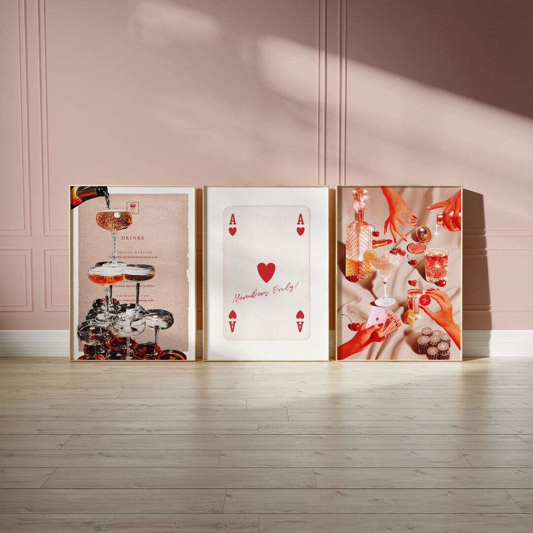 Trendy Retro Wall Art Print Bar Cart Decor 3 Piece Wall Art Funky Wall ...