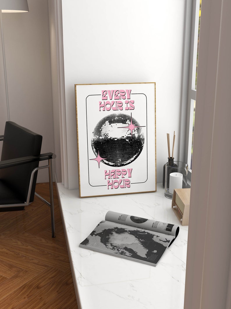 Happy Hour Bar Cart Sign Disco Art Print Funky Decor, Preppy Wall Art ...