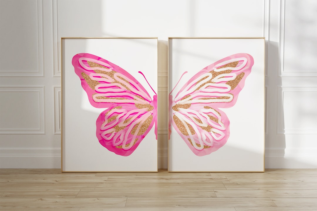 Hot Pink Split Butterfly Wall Art Preppy Y2k Room Decor for Teens, Pink ...