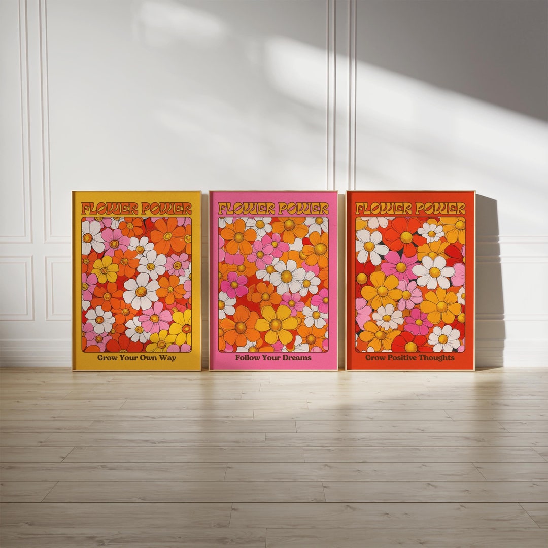 Floral Print Set of 3 Wall Art 70s Poster Retro Decor, Inspirational ...