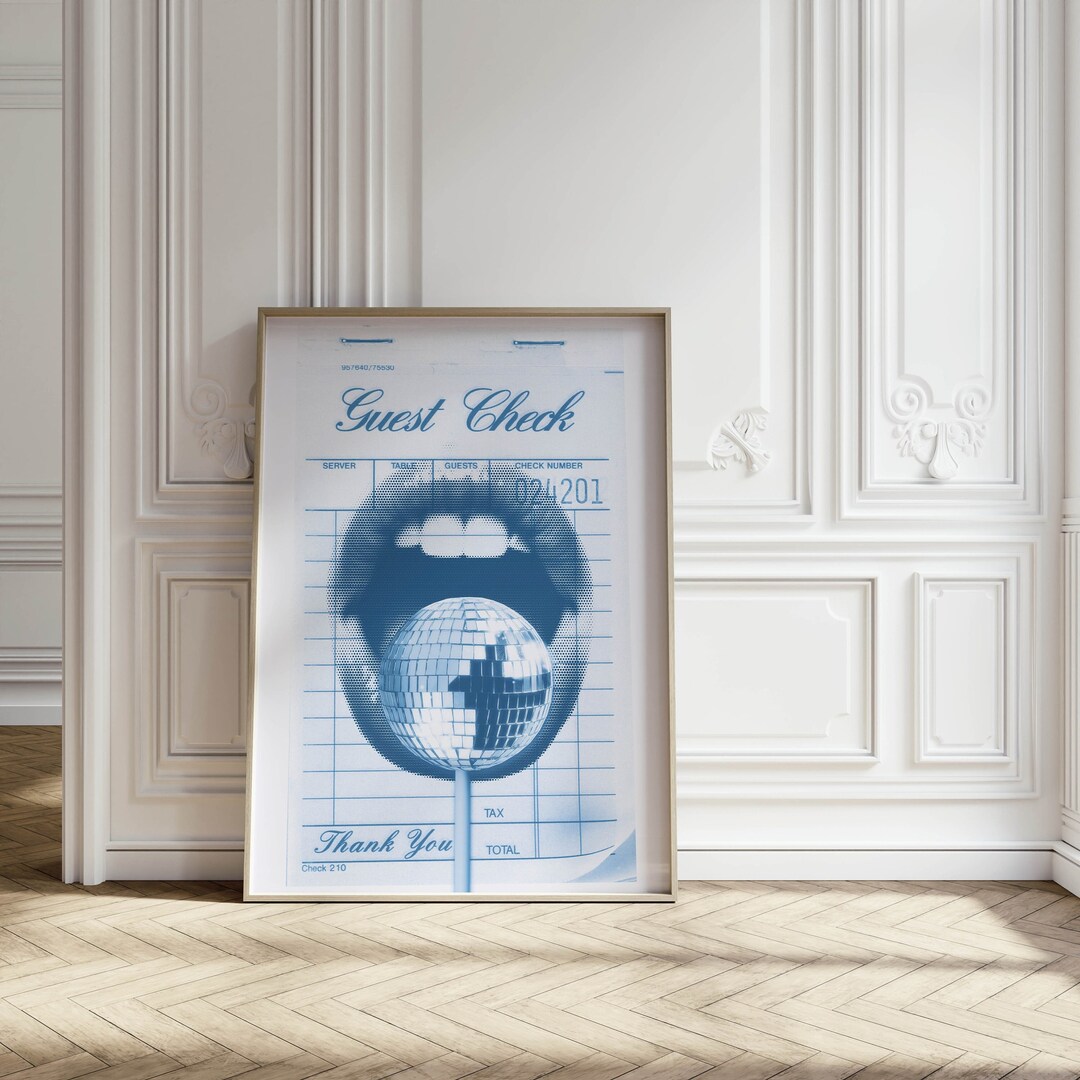 Blue Guest Check Wall Art Retro Aesthetic Room Decor, Disco Ball Guest ...