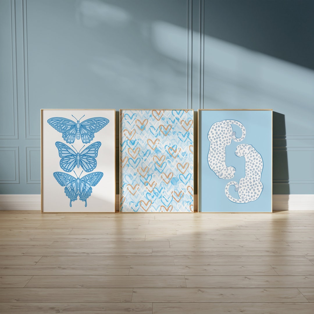 Blue 3 Piece Wall Art Print Teen Room Decor, Triptych Wall Art Retro ...