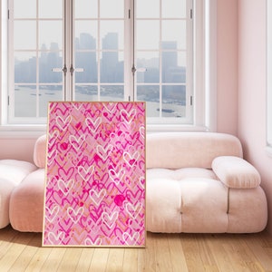 Pink Hearts Preppy Wall Art, Pink Room Decor Aesthetic Dorm Decor, Pink ...