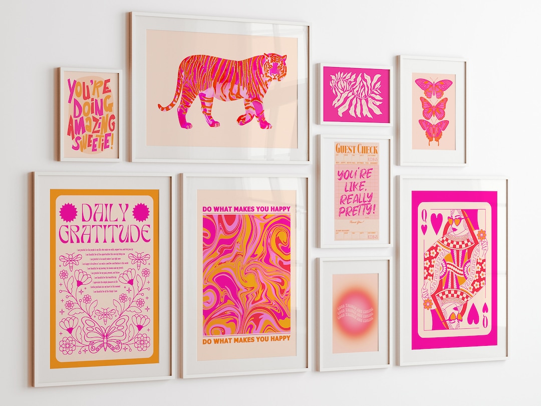 Pink Orange Wall Art Preppy Room Decor Trendy Retro Art Prints, Maximalist Gallery Wall Art Set ...