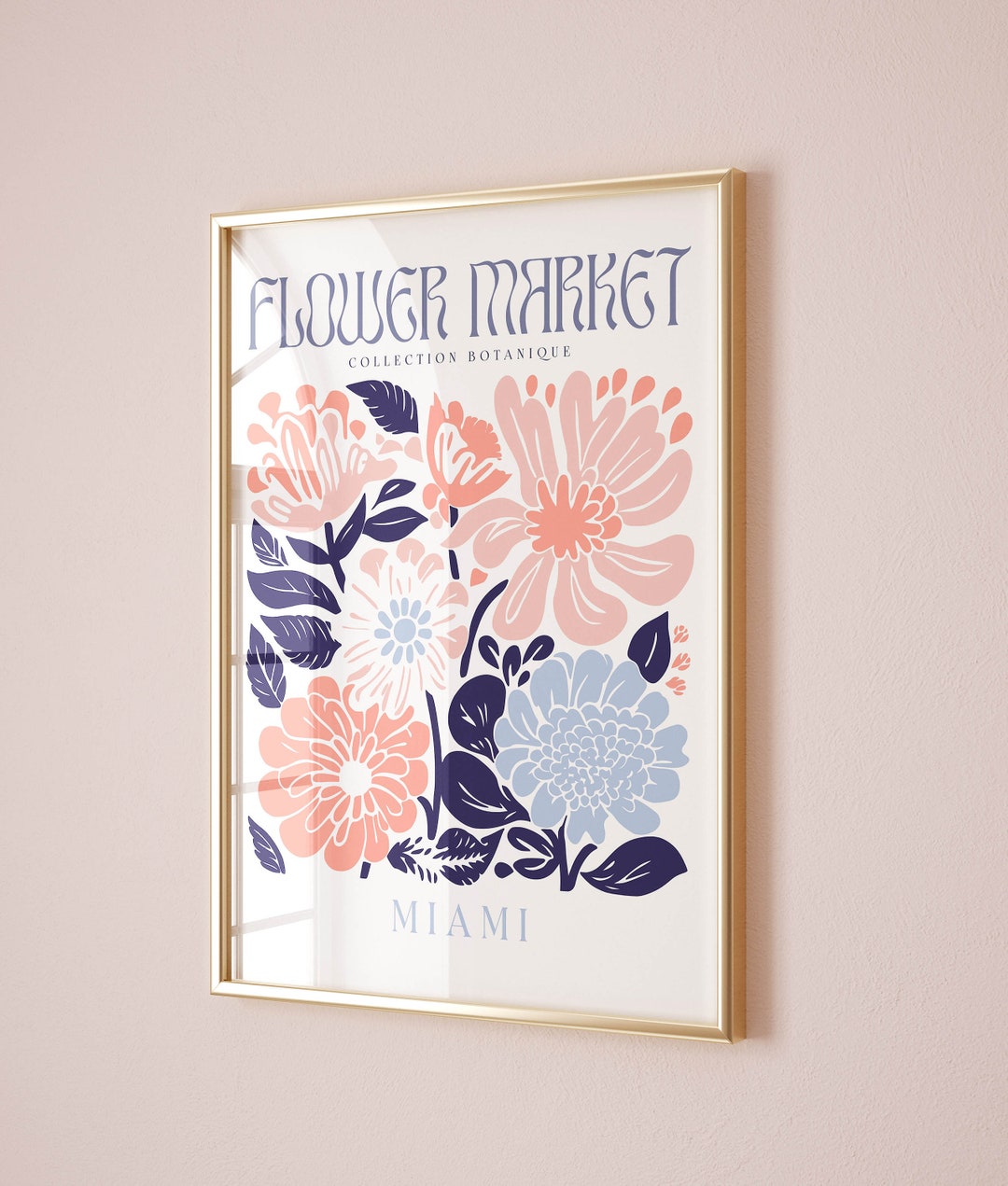 Retro Flowers Light Pink Navy Blue Wall Art Travel Poster Above Bed ...