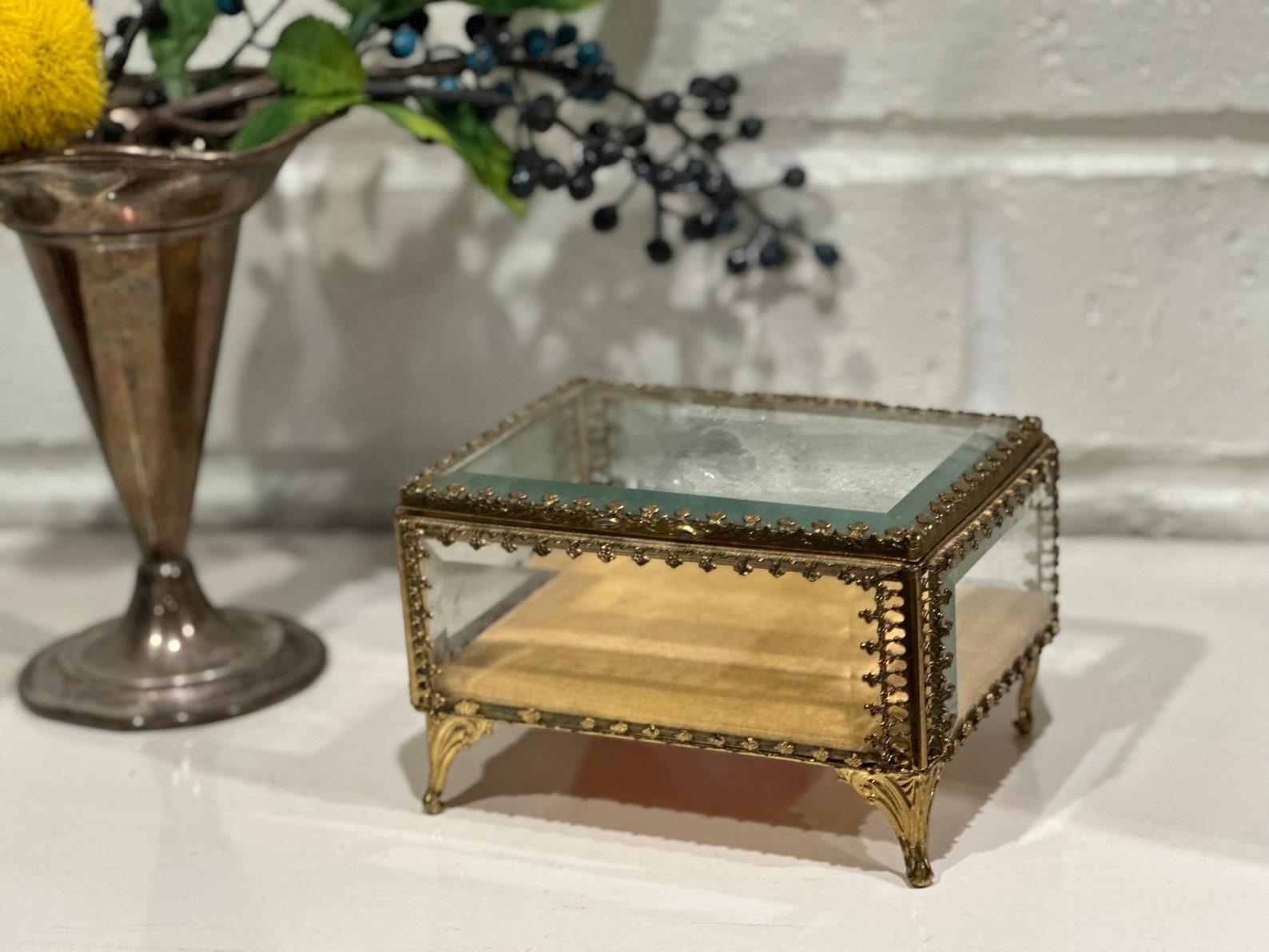 Vintage Gold Plated Jewelry Box / Casket With Beveled Glass and Velvet ...