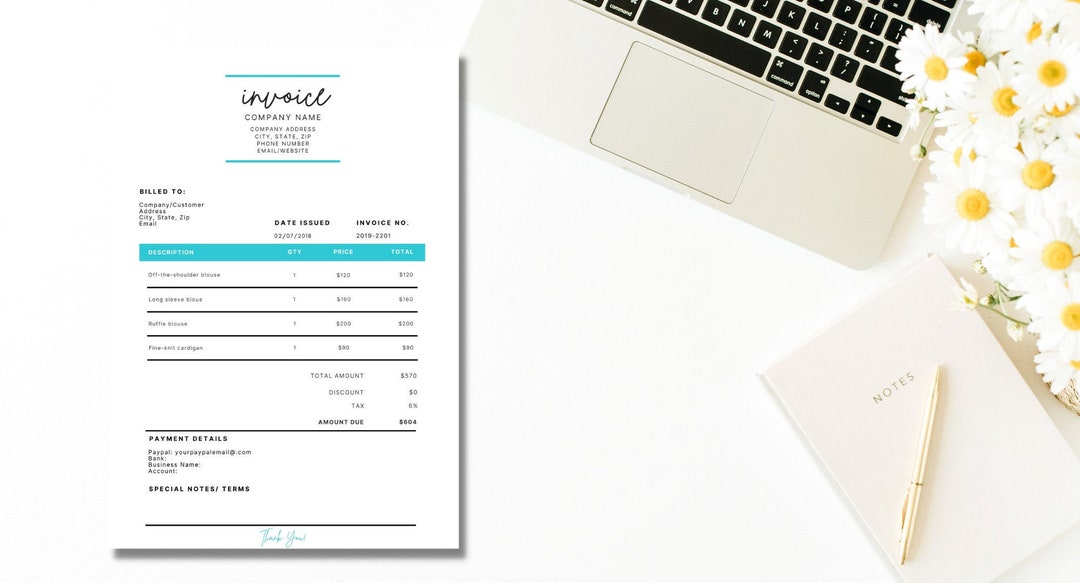 Aqua Invoice Template: Modern Printable Form (canva Editable) - Etsy