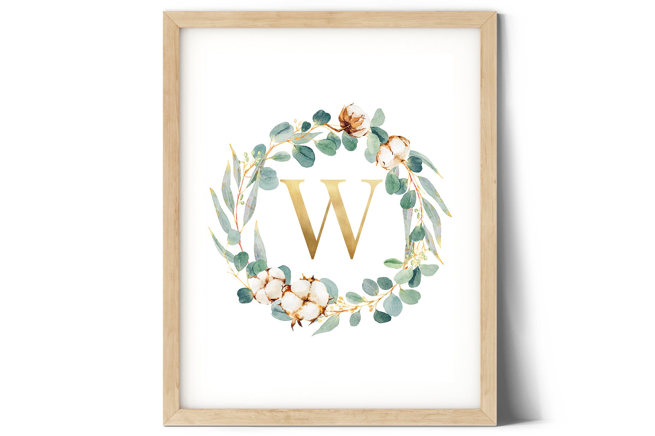 GOLD Monogram W Letter Monogram W in Eucalyptus & Cotton | Etsy