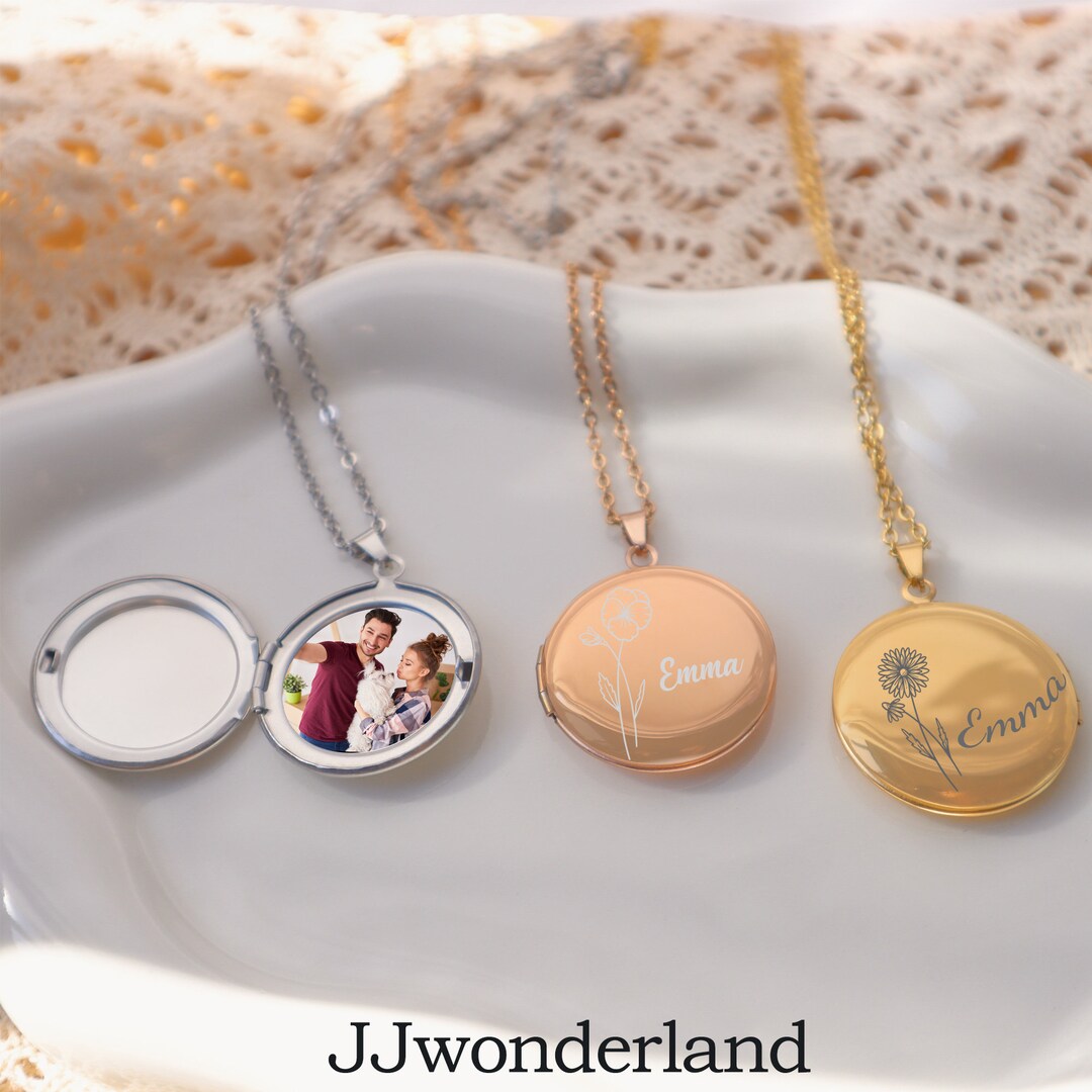Personalized Birth Flower Locket Necklace With Photo, Birthday Gift ...