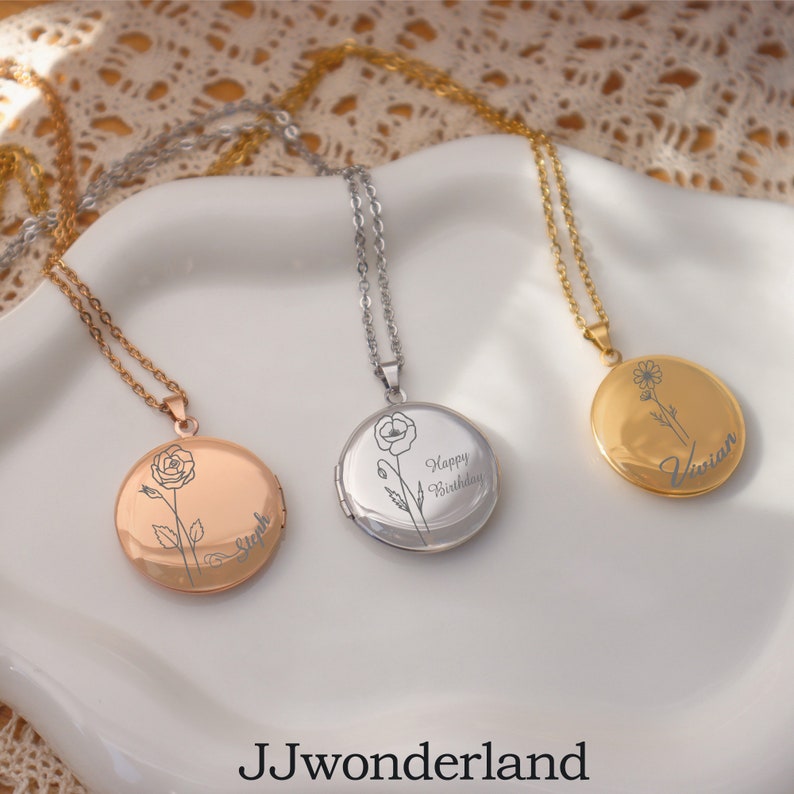 Personalized Birth Flower Locket Necklace With Photo, Birthday Gift ...