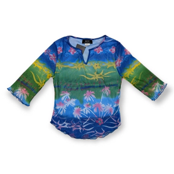 Y2K tropical mesh half sleeve top - 2000s Deadstock w… - Gem