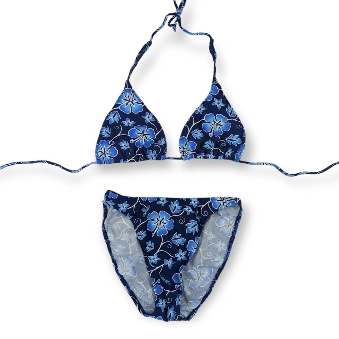 Y2K Deadstock Blue Hibiscus String Triangle Bikini Two Piece Swimsuit ...