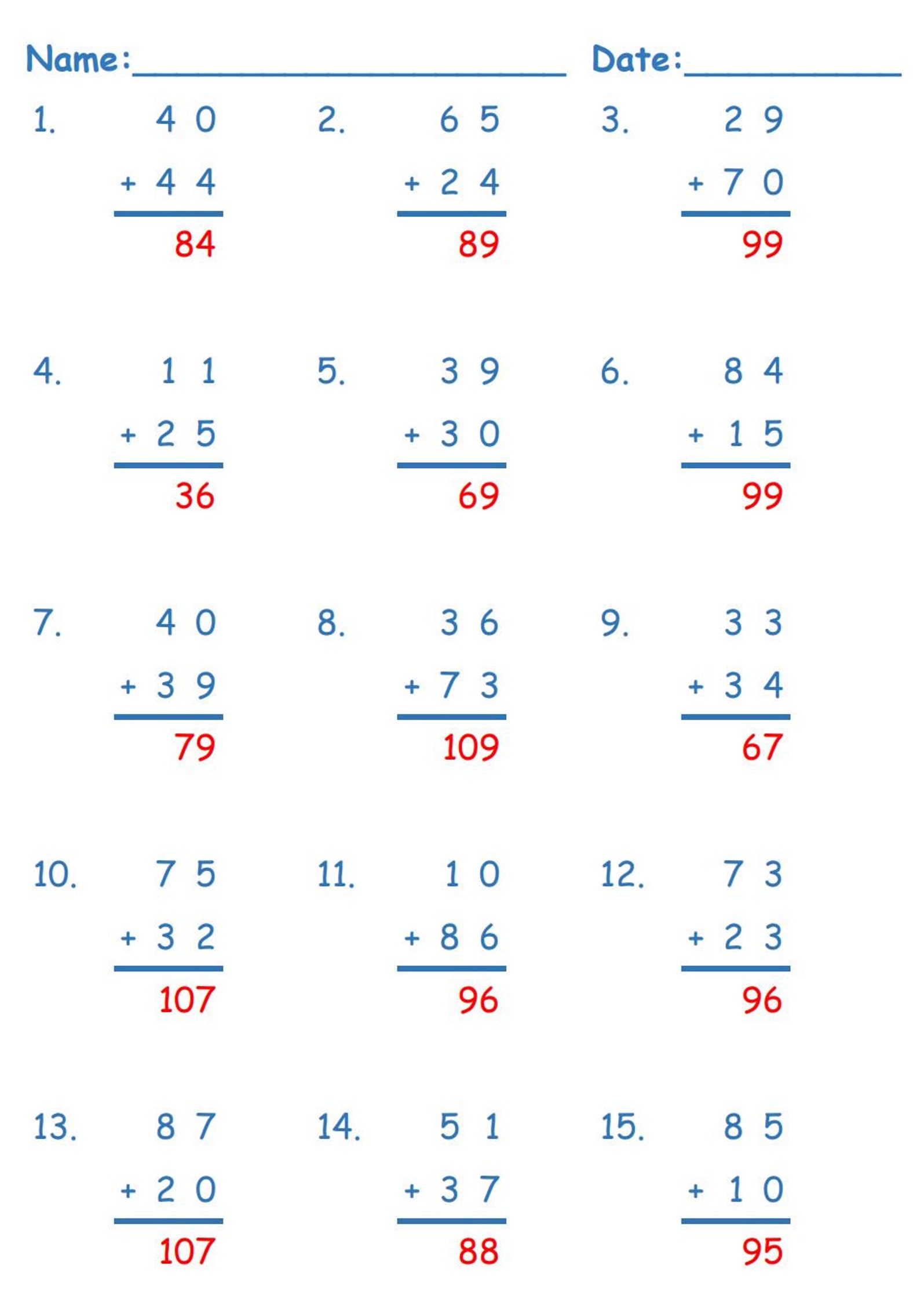 Sum Skill: Adding 2-digit Numbers in Columns Without Carry Over, 40 ...