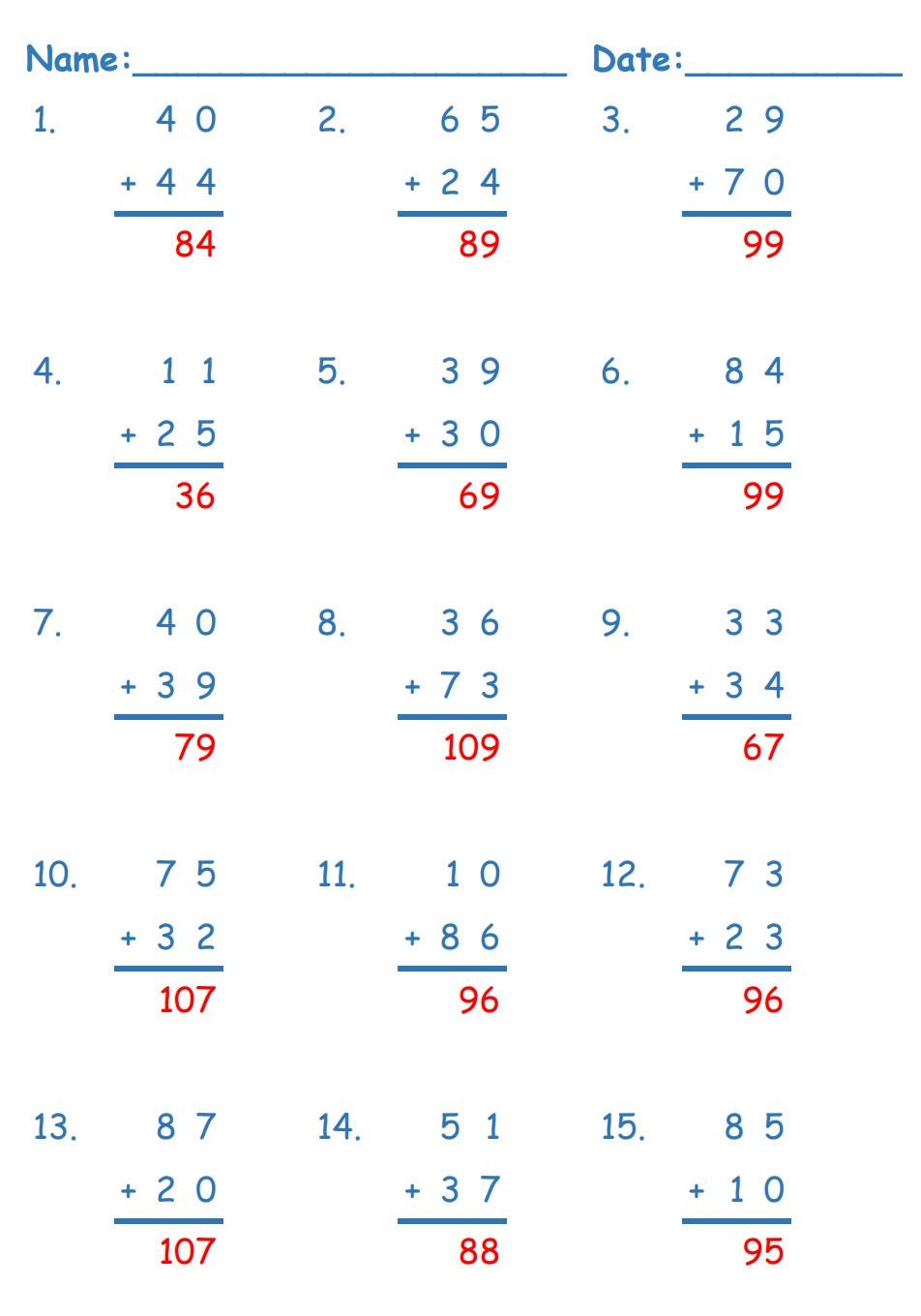Sum Skill: Adding 2-digit Numbers in Columns Without Carry Over, 40 ... Sum Skill: Adding 2-digit Numbers in Columns Without Carry Over, 40 ...