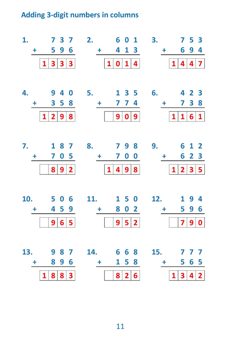 Sum Skill Adding 3 Digit Numbers In Columns With Answer 40 Pages Etsy