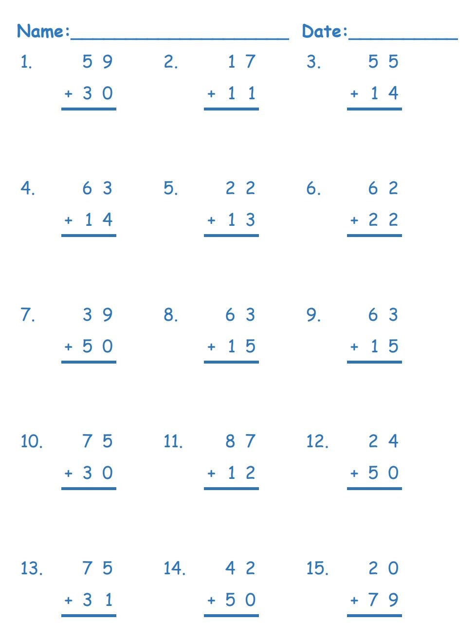 Sum Skill: Adding 2-digit Numbers in Columns Without Carry Over, 40 ...