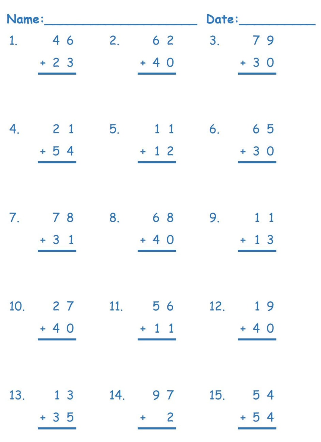 Sum Skill: Adding 2-digit Numbers in Columns Without Carry Over, 40 ...