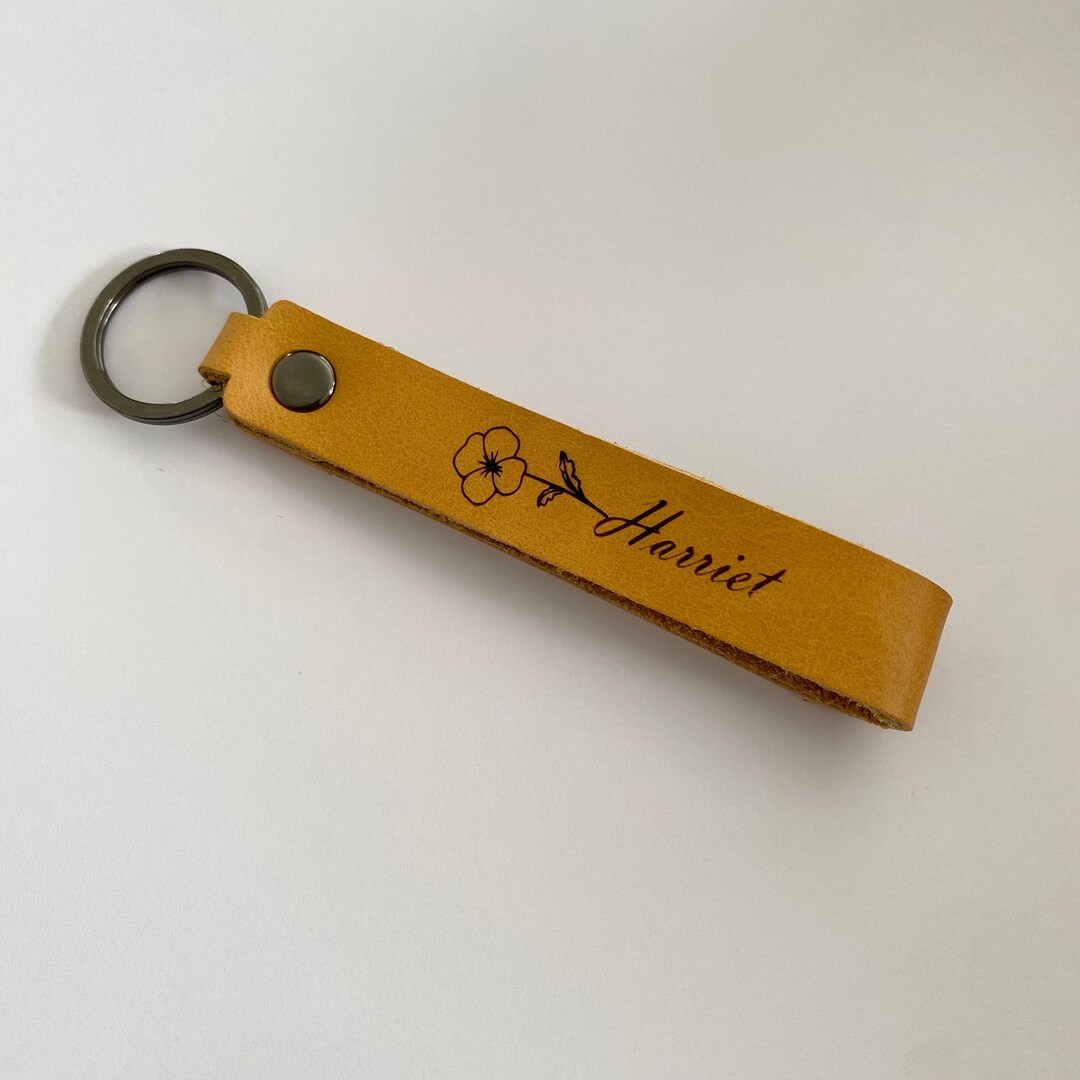 KEYCHAIN Name Birth Month Flower Keychain Personalized Flower Leather ...