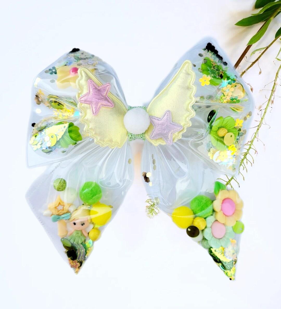 Tinkerbell Shaker Bow, Transparent Hair Bow, Sequin Filled Bow, Pompom ...