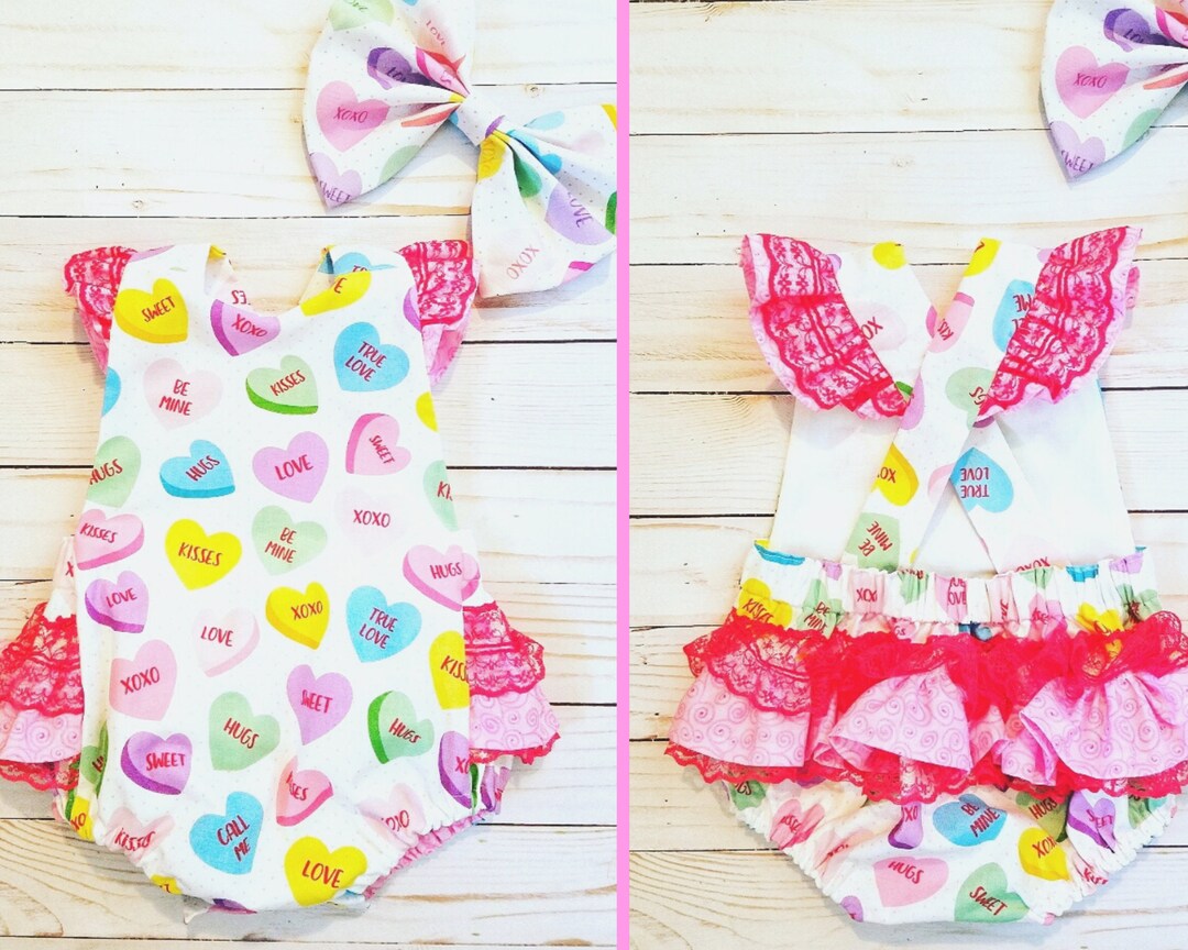 Candy Hearts Valentine's Day Ruffle Romper With Bow - Etsy