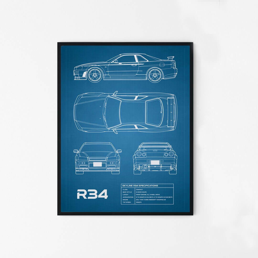 Nissan Skyline R34 Patent Print, Automobile Blueprint Poster, 1999 Wall ...