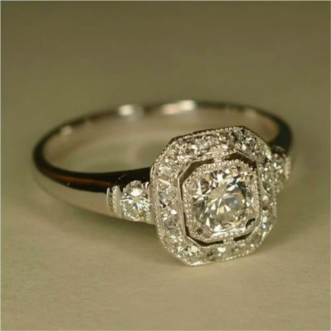 Antique Art Deco Ring, Octagon Shape Milgrain Halo Ring, Round Cut ...