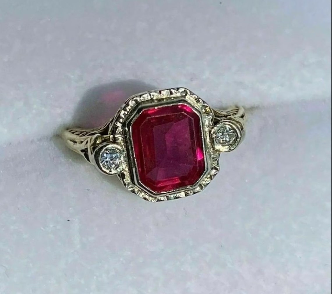 Antique Filigree Ruby Ring, 14K Gold Three Stone Ring, Emerald Cut CZ ...
