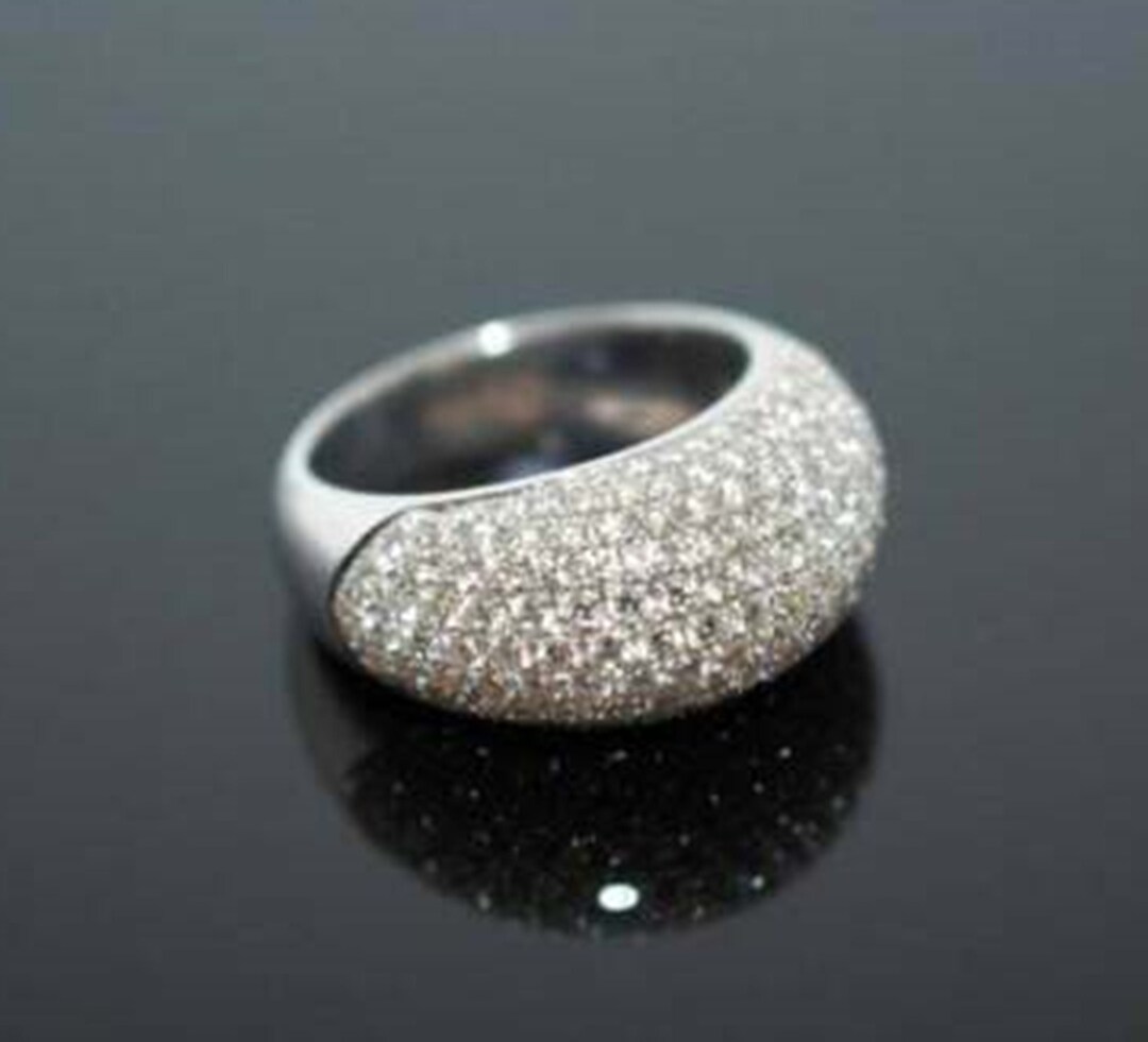 Pave Diamond Dome Ring, Round Moissanite Diamond Wedding Ring, 18K Gold ...