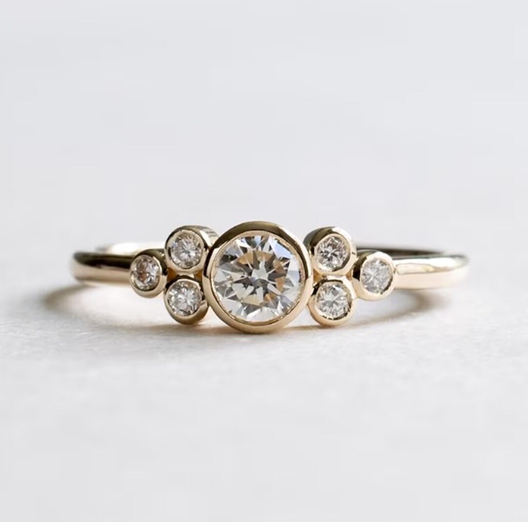 Woman's Seven Stone Ring, Round Moissanite Diamond Ring, Bezel Set ...