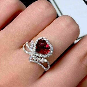 Red Garnet Heart CZ Stone Ring, Halo Gemstone Ring, Wedding Bridal Ring ...