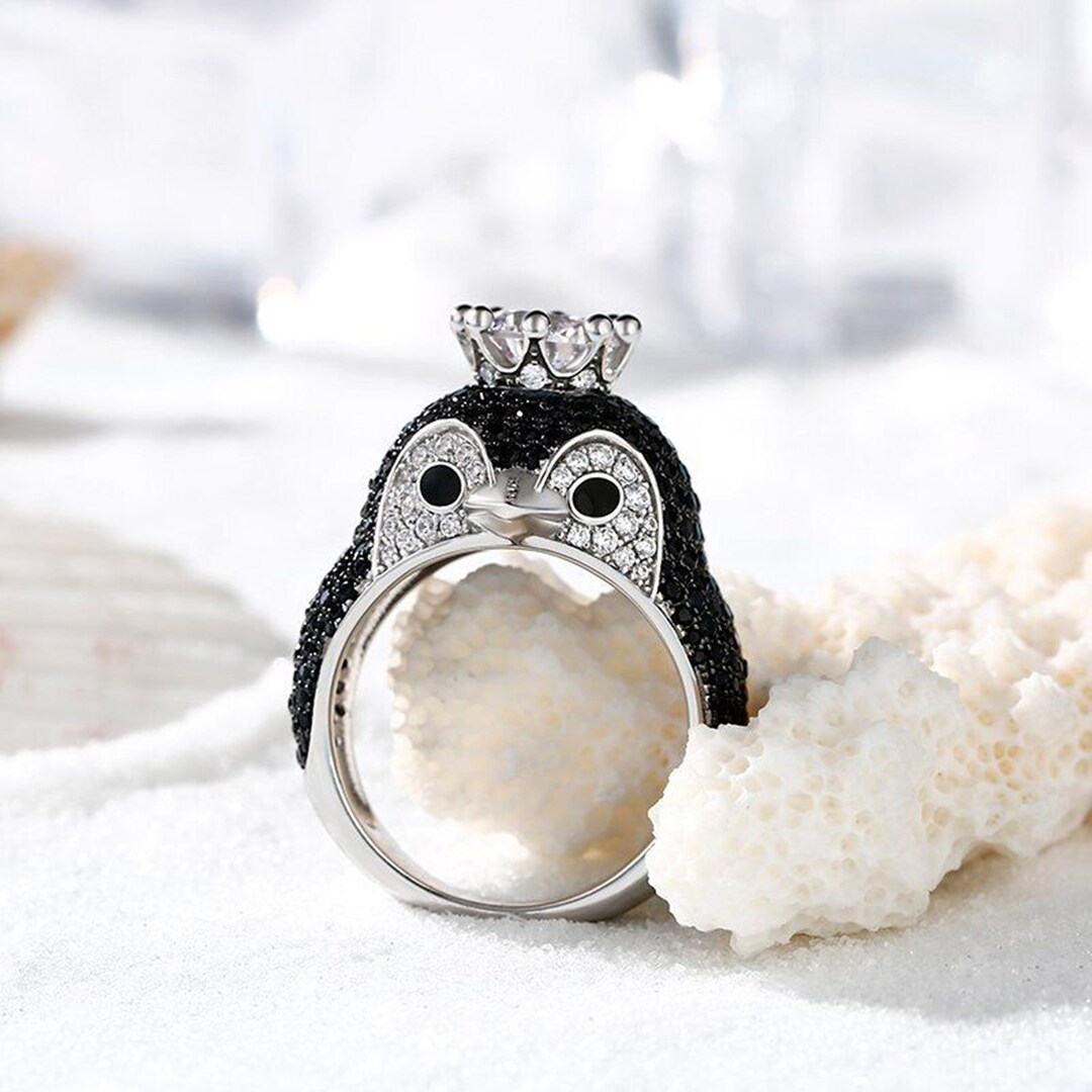 Black & White Diamond Penguin Ring, Pave Set Round Diamond Penguin Ring ...