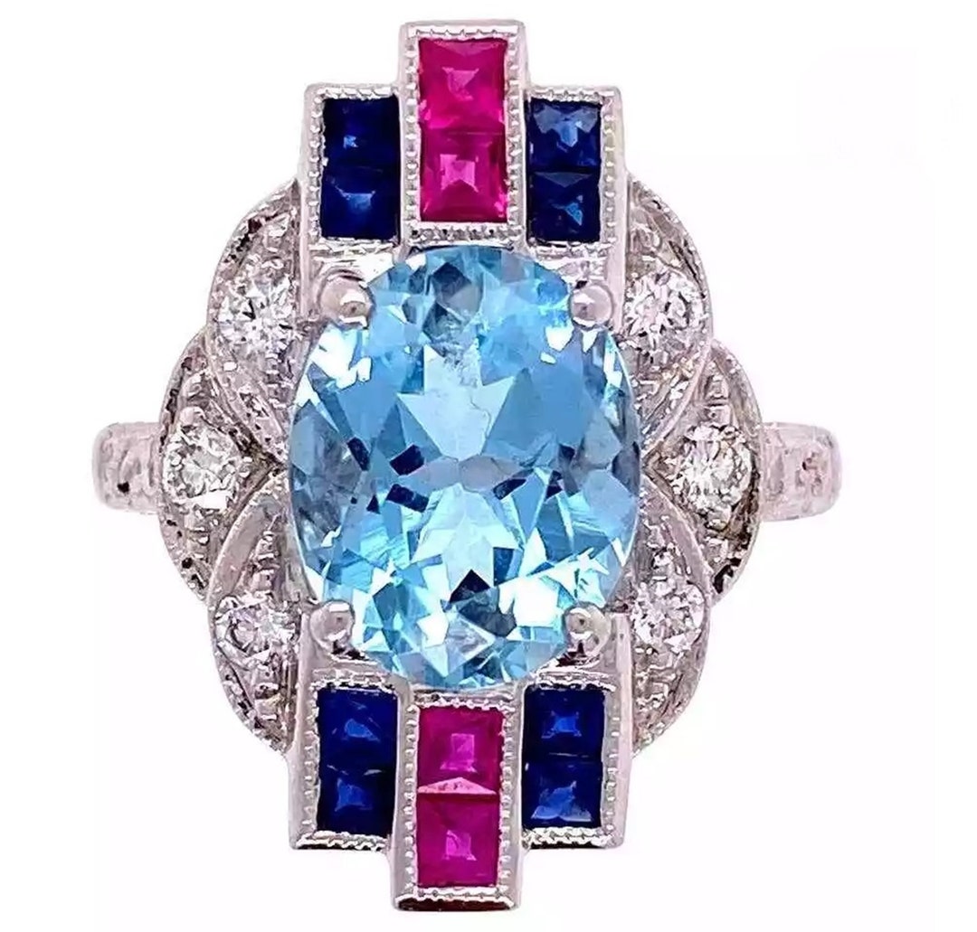 Pink Ruby & Sapphire Wedding Ring, Aquamarine Oval CZ Stone Bridal Ring ...