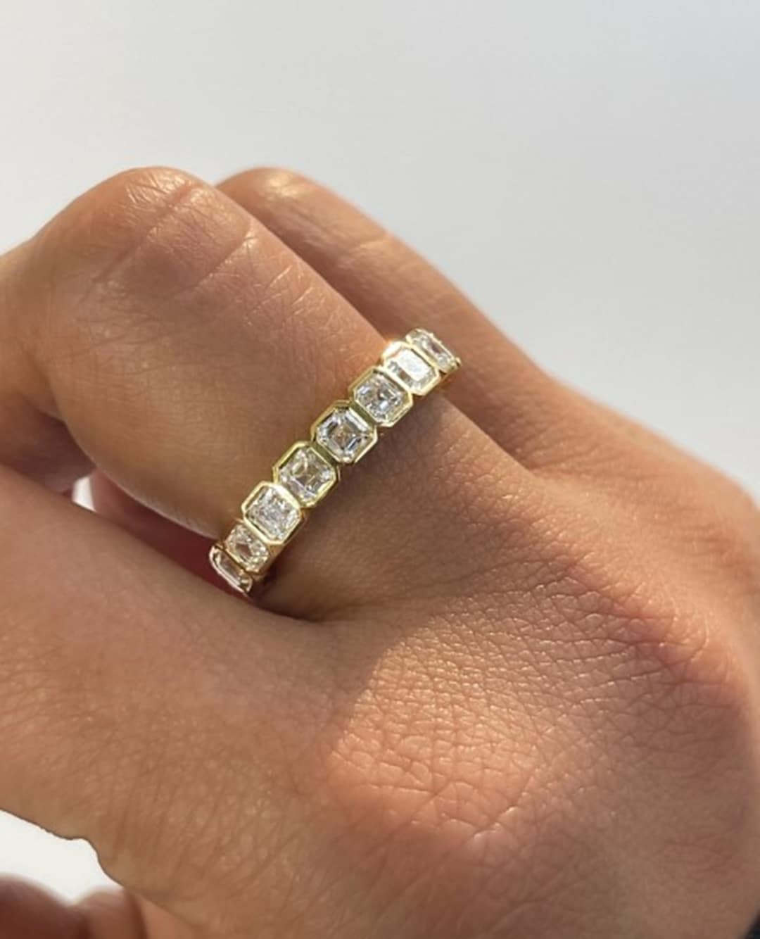 Bezel Set Full Eternity Band, Asscher Cut Moissanite Diamond Wedding ...