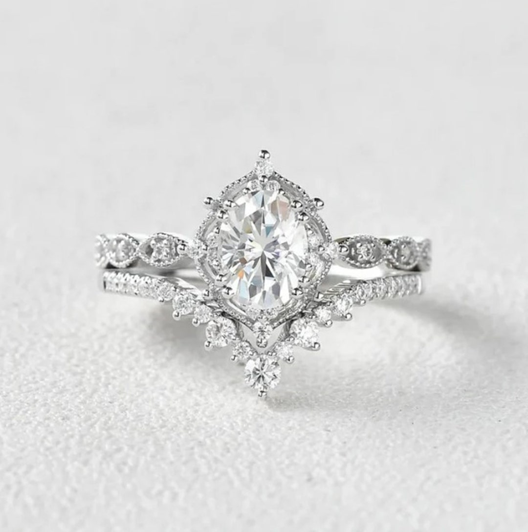 Unique Designer Bridal Set, Oval Cut Moissanite Diamond Engagement Ring ...