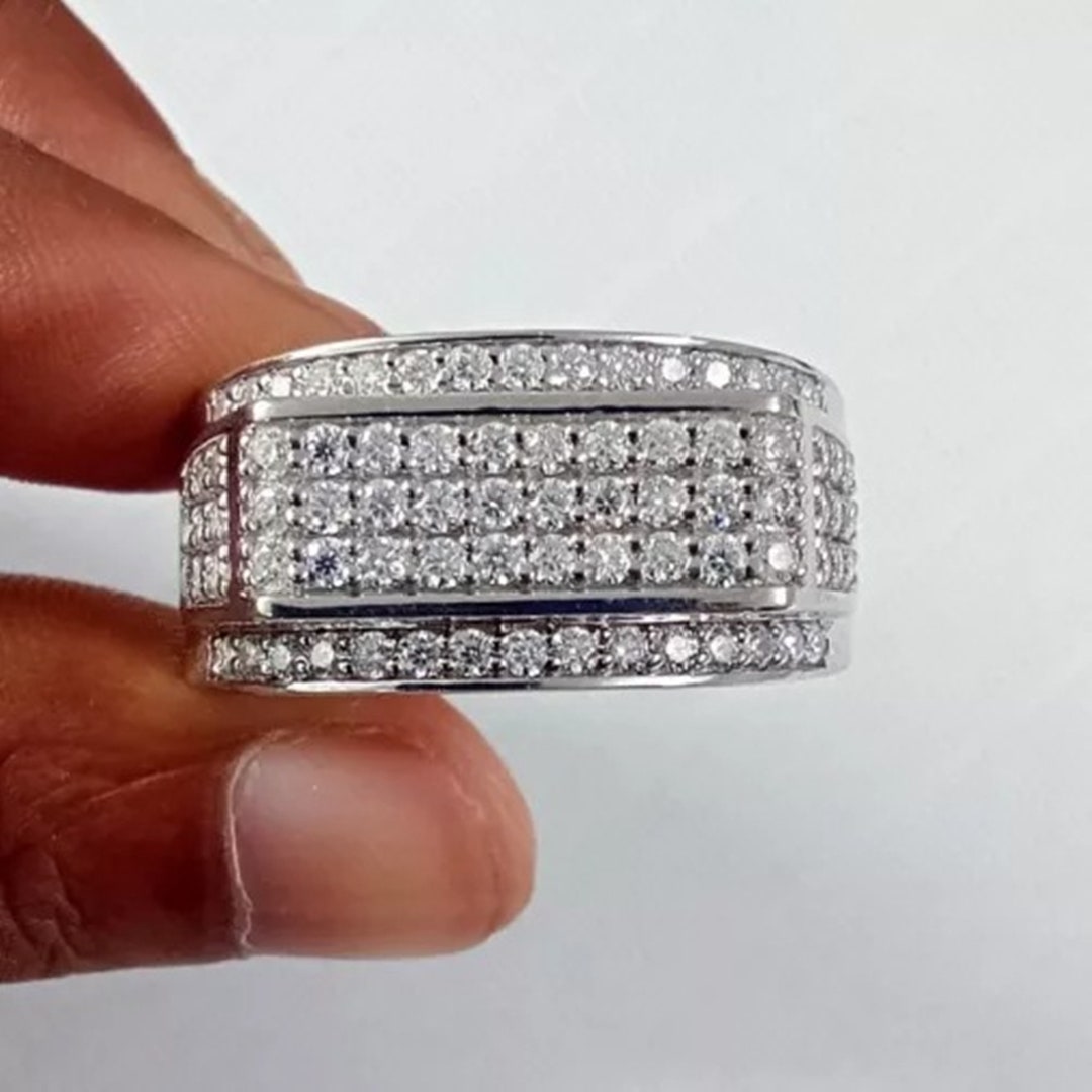 Buy Classic Engagement Ring for Men, Pave Set Round Moissanite Diamond ...