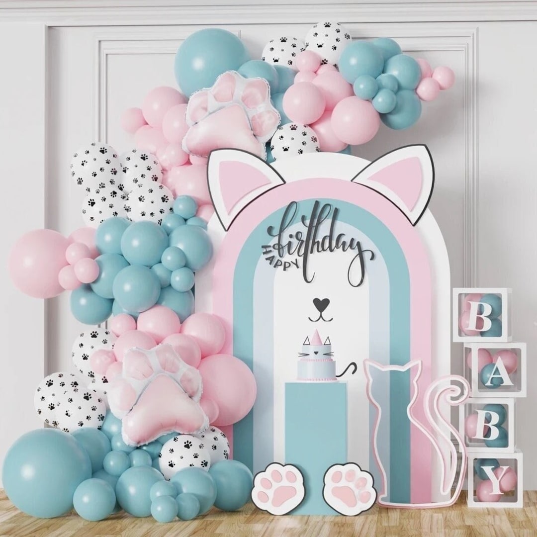 88pcs Cat Theme Birthday Party Balloon Garland Kit, Pink & Blue Balloon ...