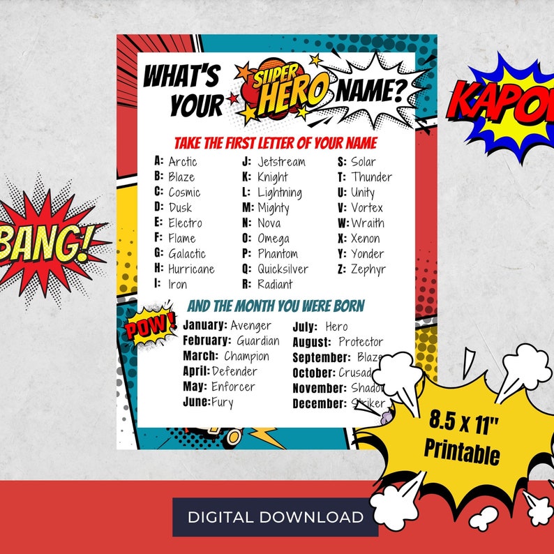 Superhero Name Game Sign: Birthday Party Activity (digital Download) - Etsy