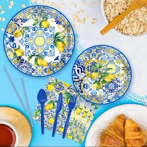 78pcs Blue and Yellow Mediterranean Party Tableware, Lemon Themed ...