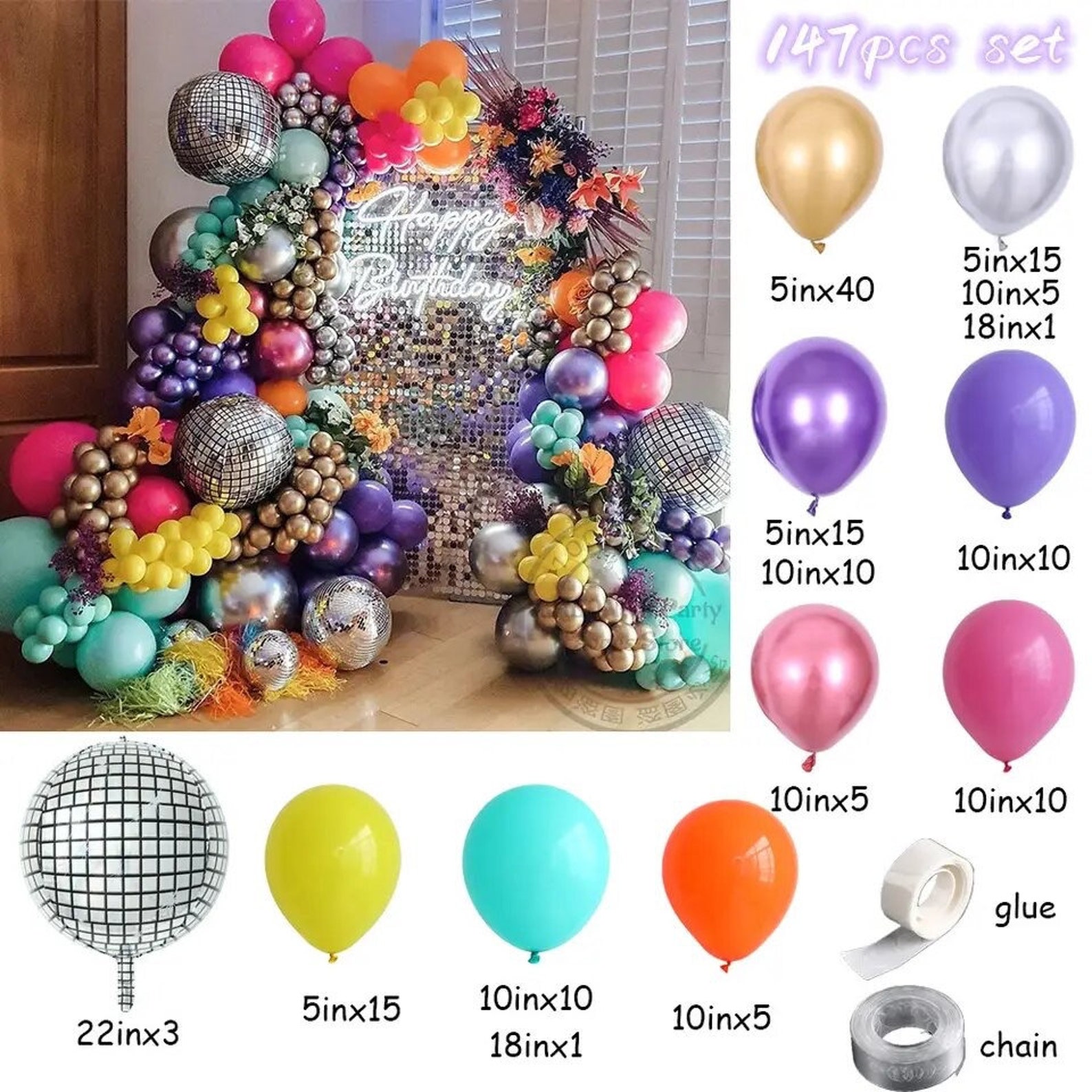 147pcs Retro Disco Balloon Arch Garland, 80s Rainbow Chrome Party Decor ...