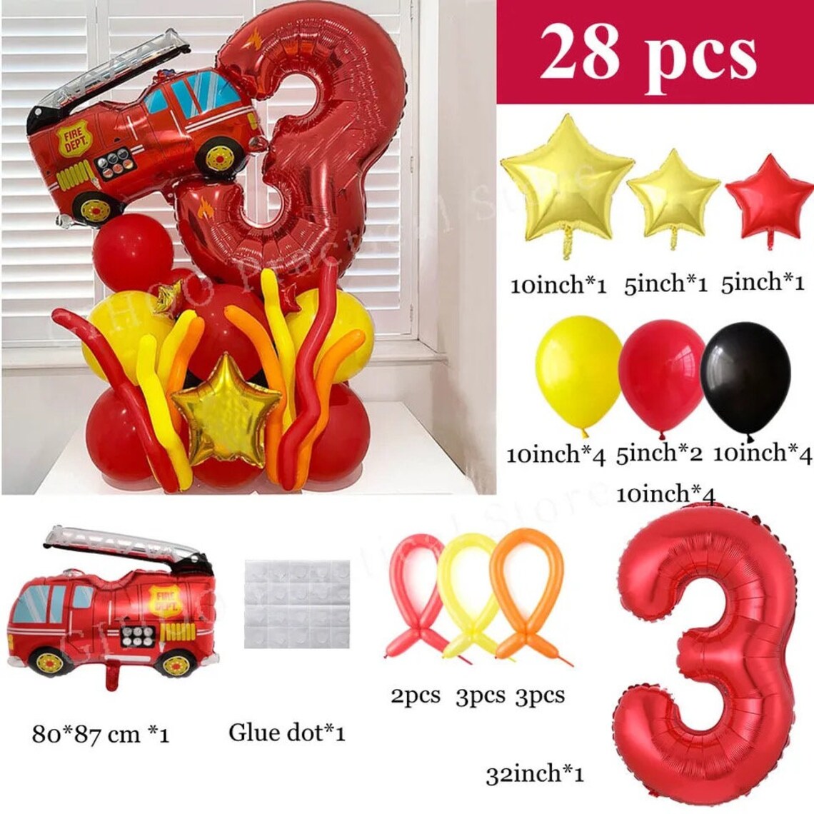 Fire Engine Balloon Sculpture, Number Balloon, Firefighter Birthday ...