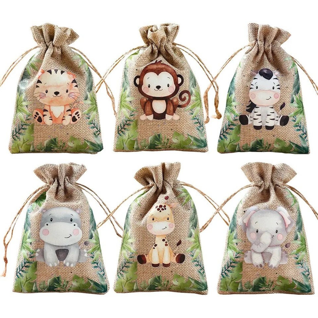 6pcs Jungle Animal Candy Bags, Safari Favour Bags, Animal Hessian Party ...