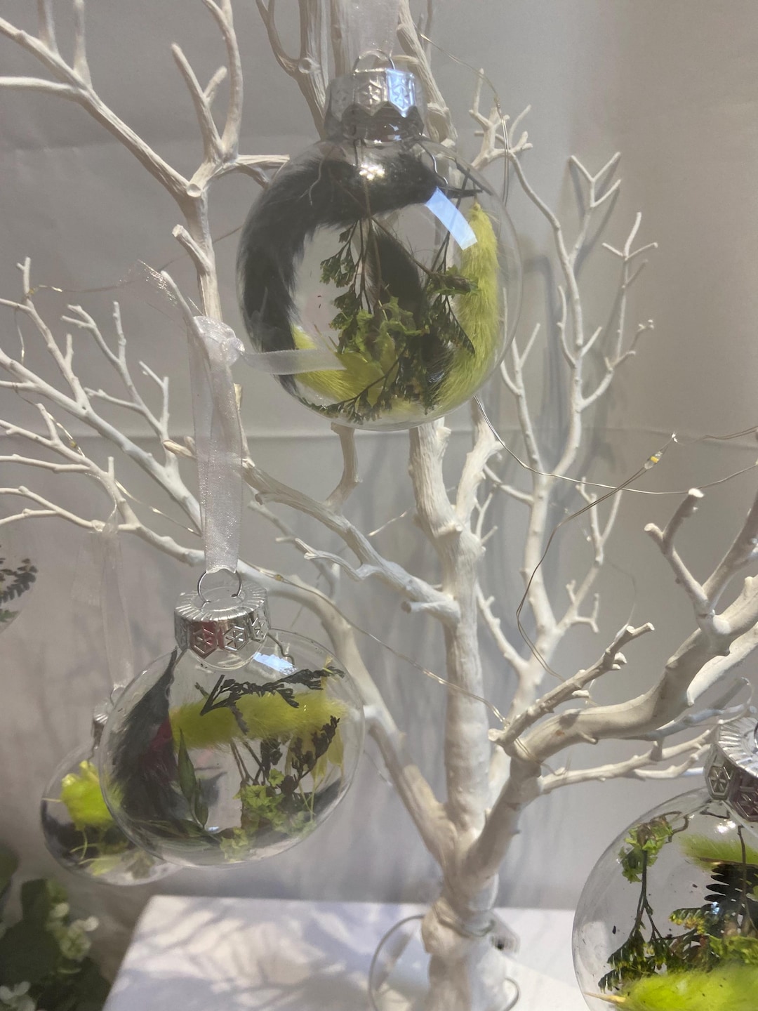 6 CHRISTMAS BAUBLES Wicked Themed ,black and Green Dried Flowers ...