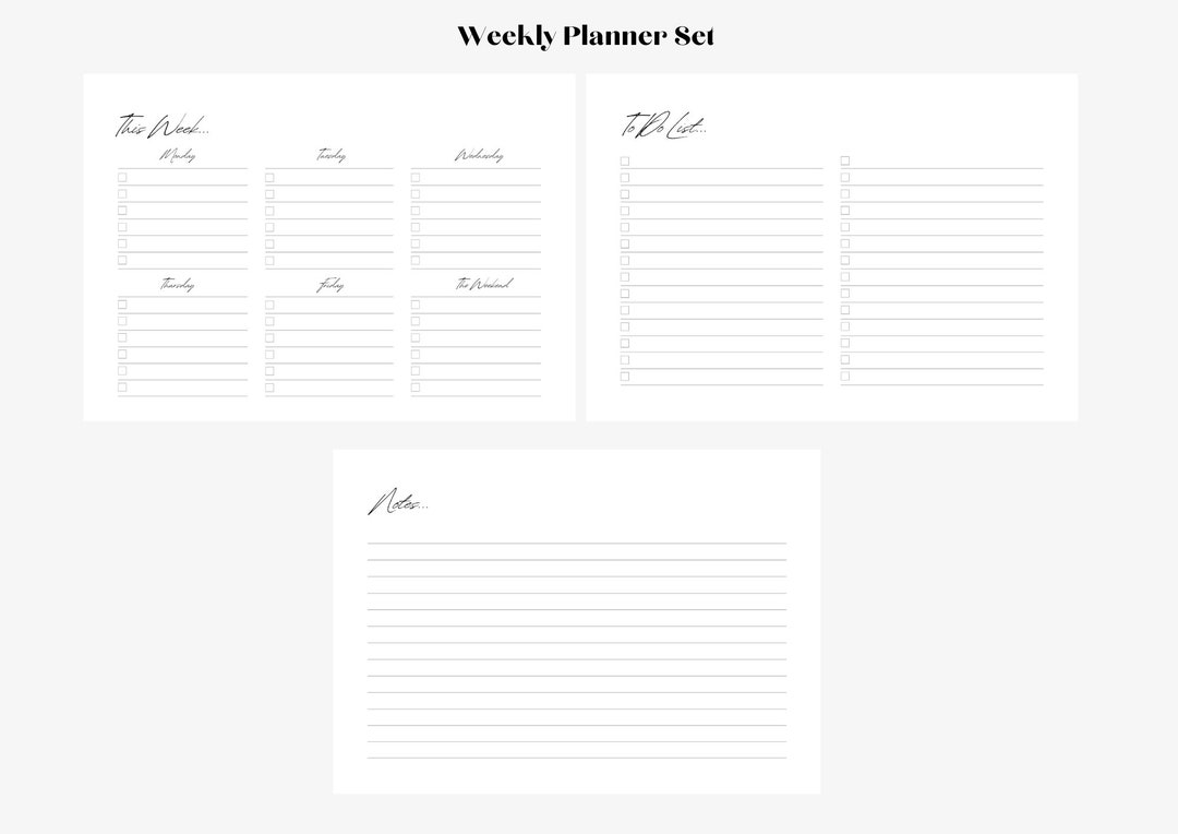 Printable Minimalist Weekly Planner, to Do List & Note Set | Weekly ...