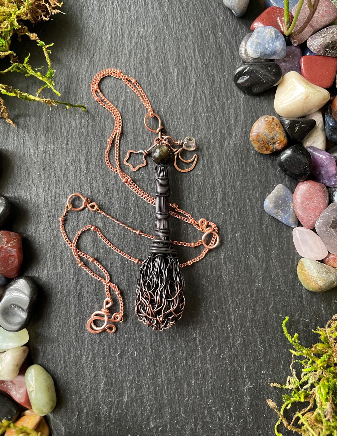 Made to Order - Ombre Black & Copper Witch Broom Pendant With Gold ...