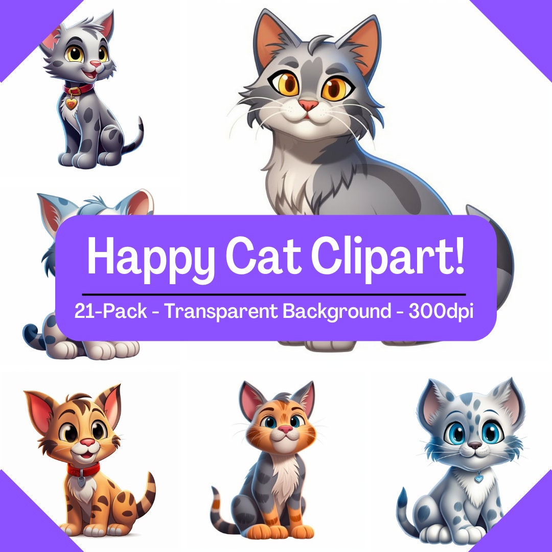 Happy Cat Clipart 21-pack Transparent Background PNG 300dpi Commercial ...