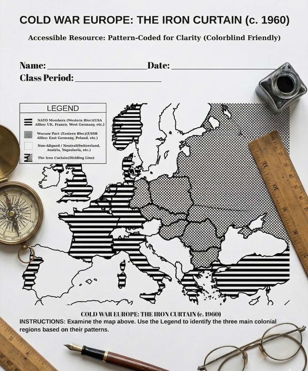 Cold War Europe Map Worksheet | the Iron Curtain Pattern Coded ...