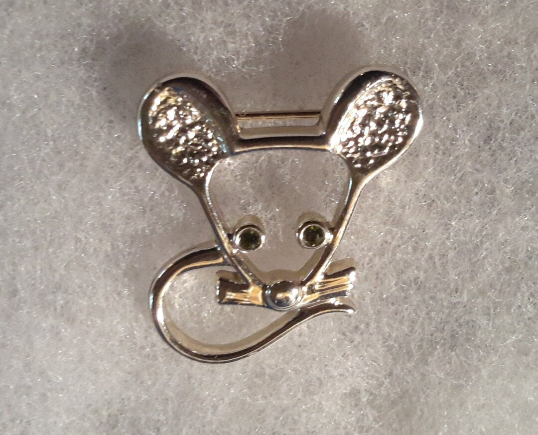 DARLING MOUSE FACE Pin Green Rhinestone Eyes Silver Tone 1 - Etsy