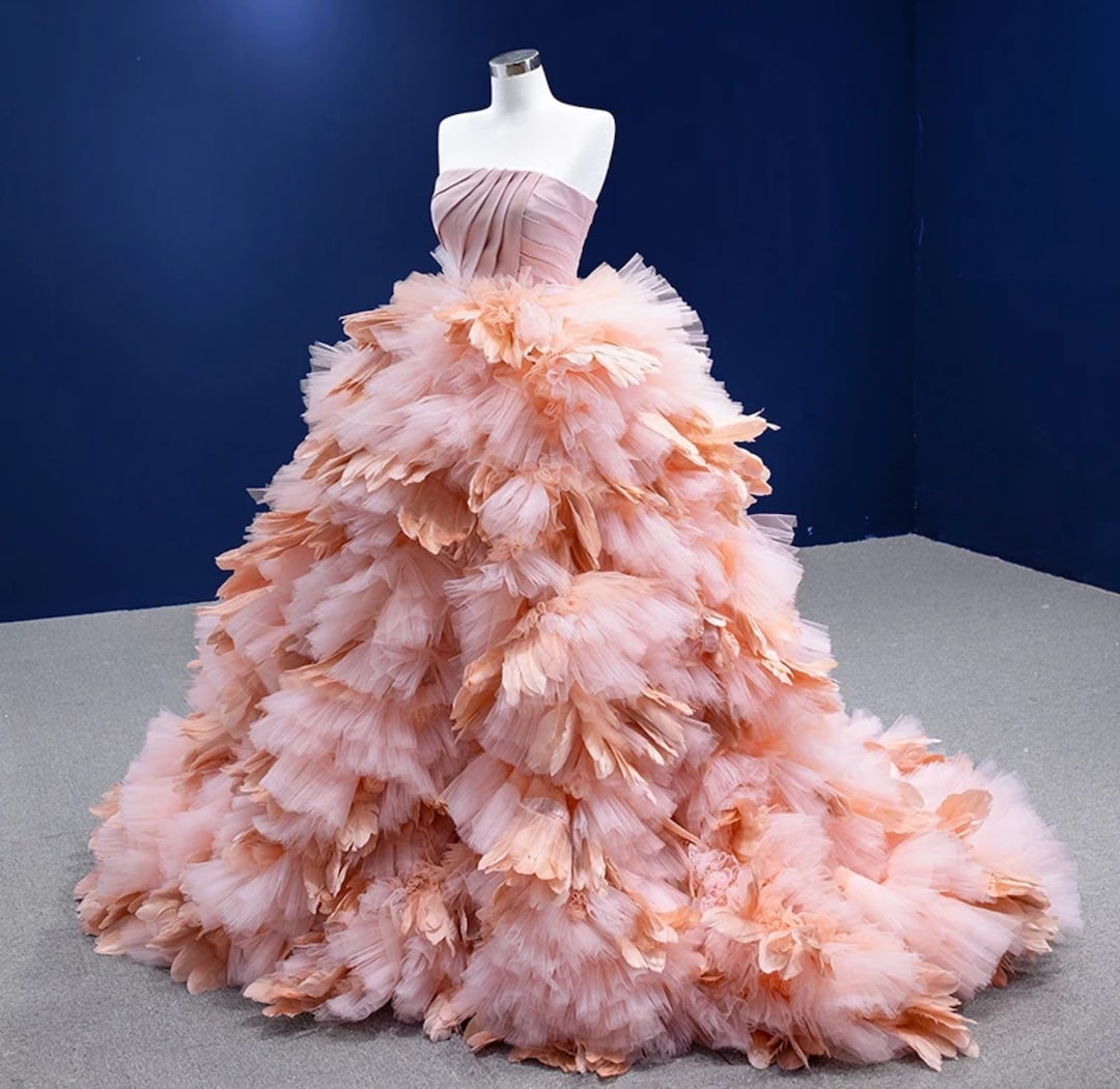 Strapless Boat Neck Pleated Bodice Layered Feather and Frills Special ...